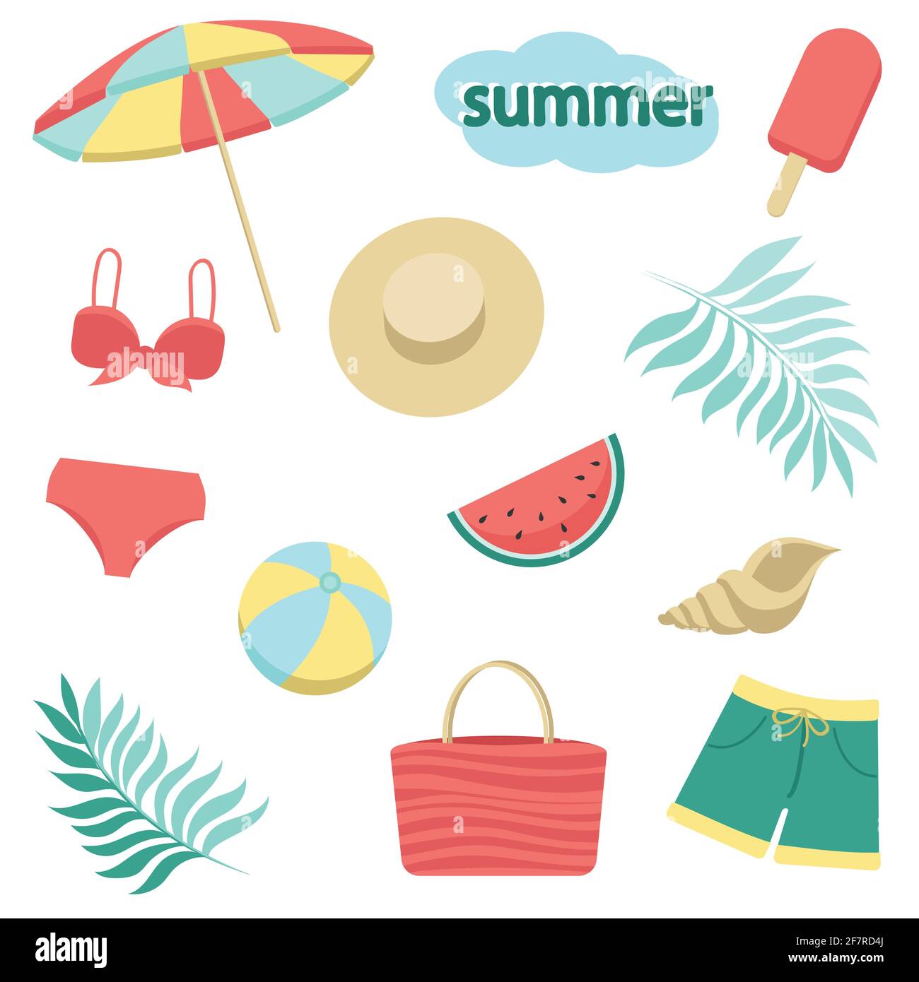 Summer items set, accessories. Beach umbrella, watermelon, ice cream ...