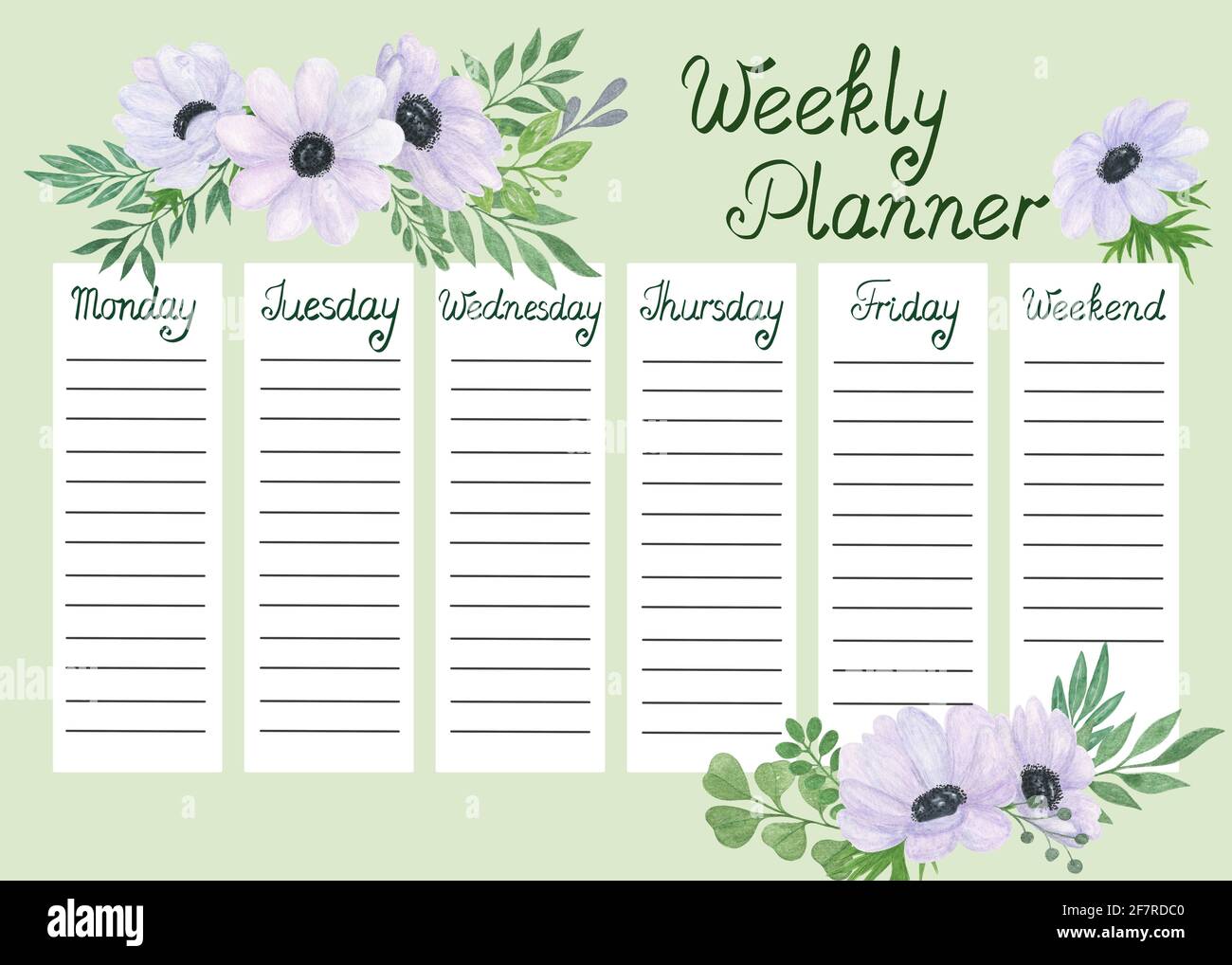 Weekly planner template watercolor floral illustration, organizer for ...