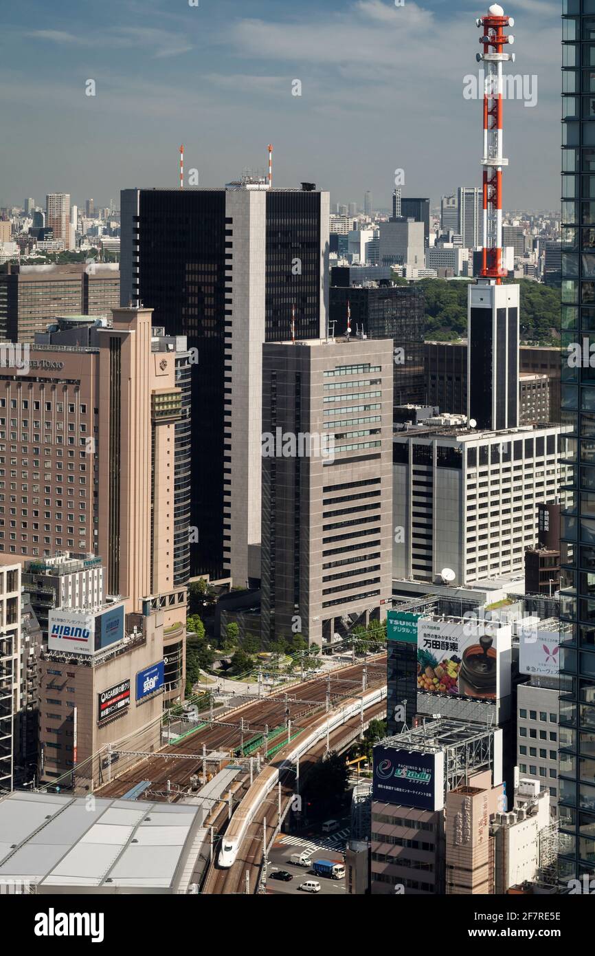 Vertical high angle view of Tokyo Higashi-Shinbashi district and JR ...