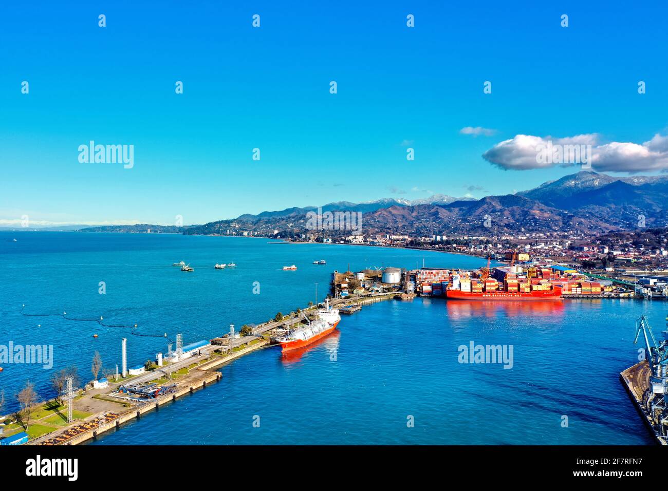 Aerial view of the port and mountains in the background of Batumi ...