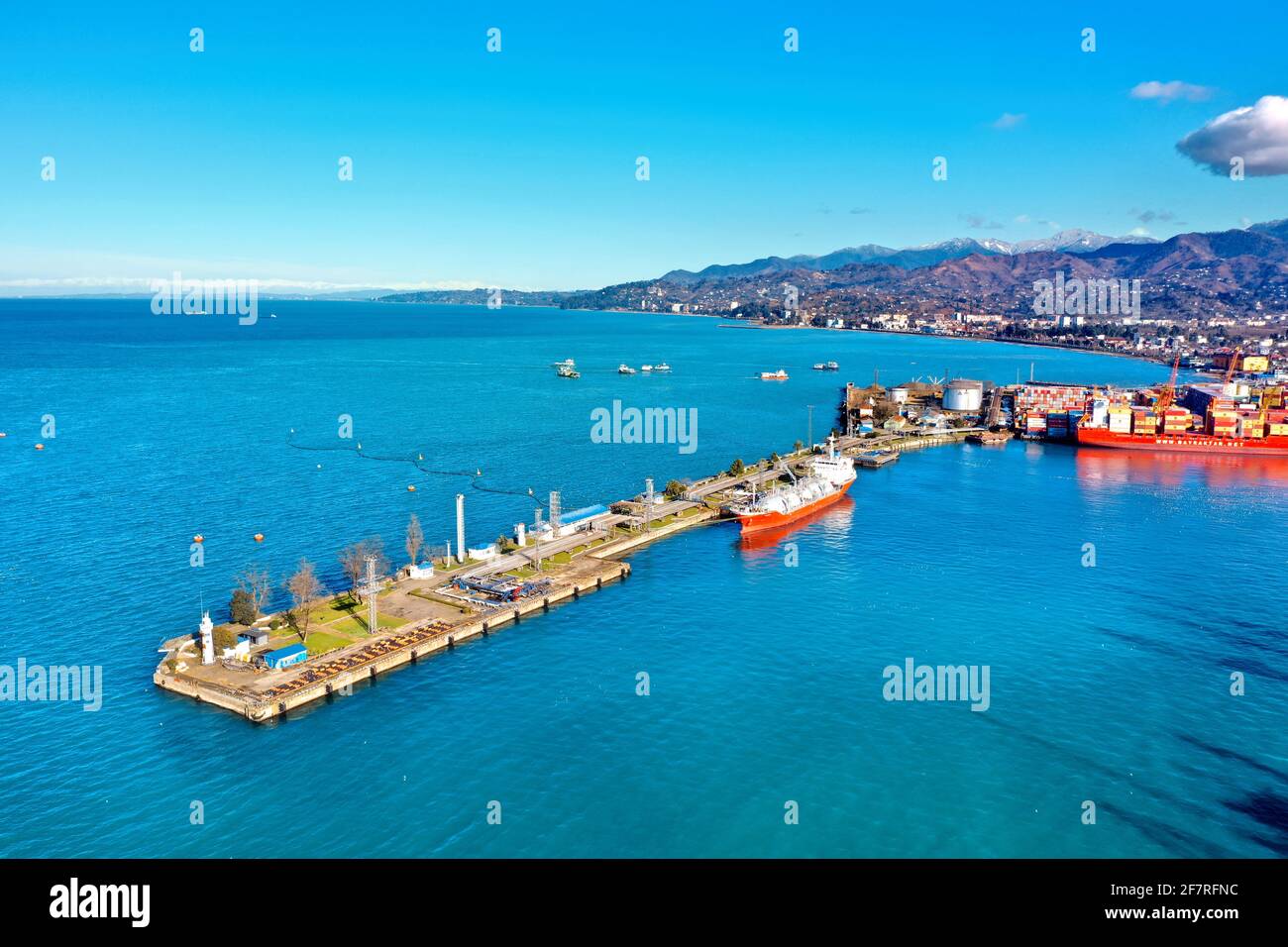 Aerial view of the port and mountains in the background of Batumi ...