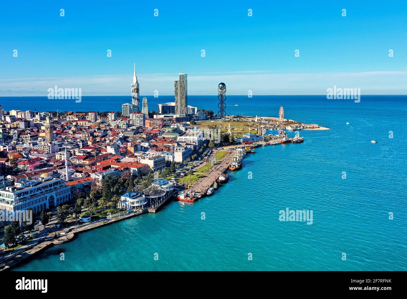 Aerial view of the port and mountains in the background of Batumi ...