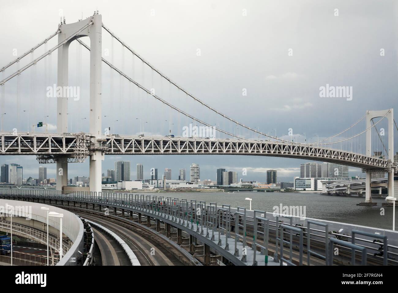 Horizontal view of the Rainbow Bridge from the New Transit Yurikamome ...