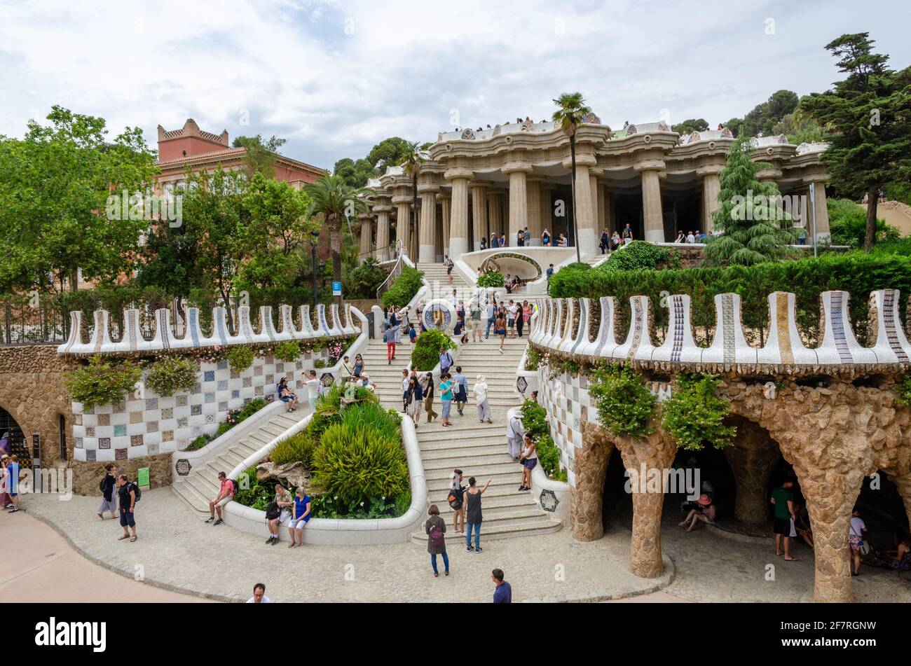 Barcelona Parc Guell Gaudi mosaic dragon terrace pillars and staircase ...