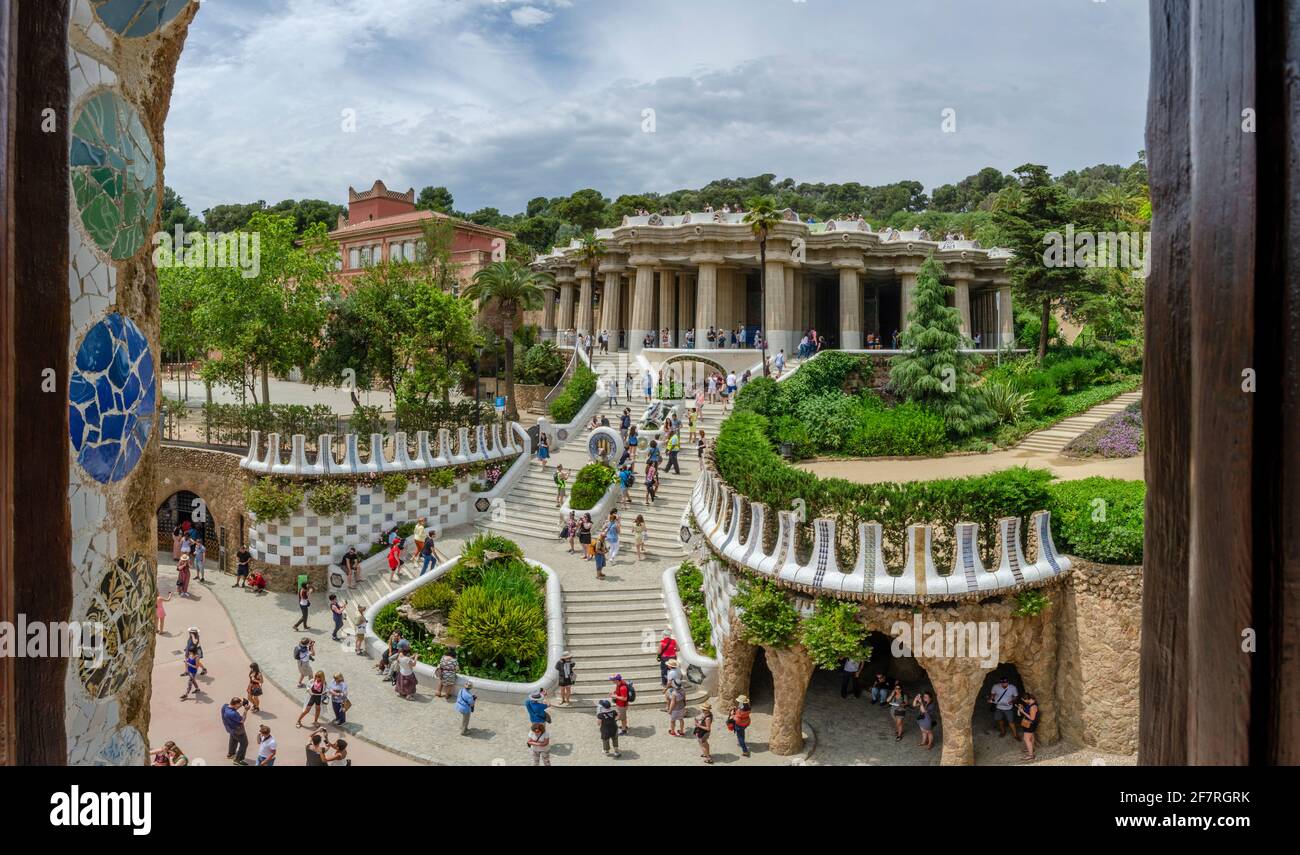 Barcelona Parc Guell Gaudi mosaic dragon terrace pillars and staircase ...