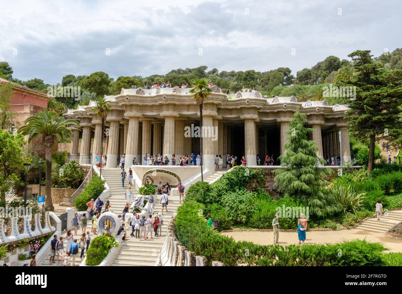 Barcelona Parc Guell Gaudi mosaic dragon terrace pillars and staircase ...