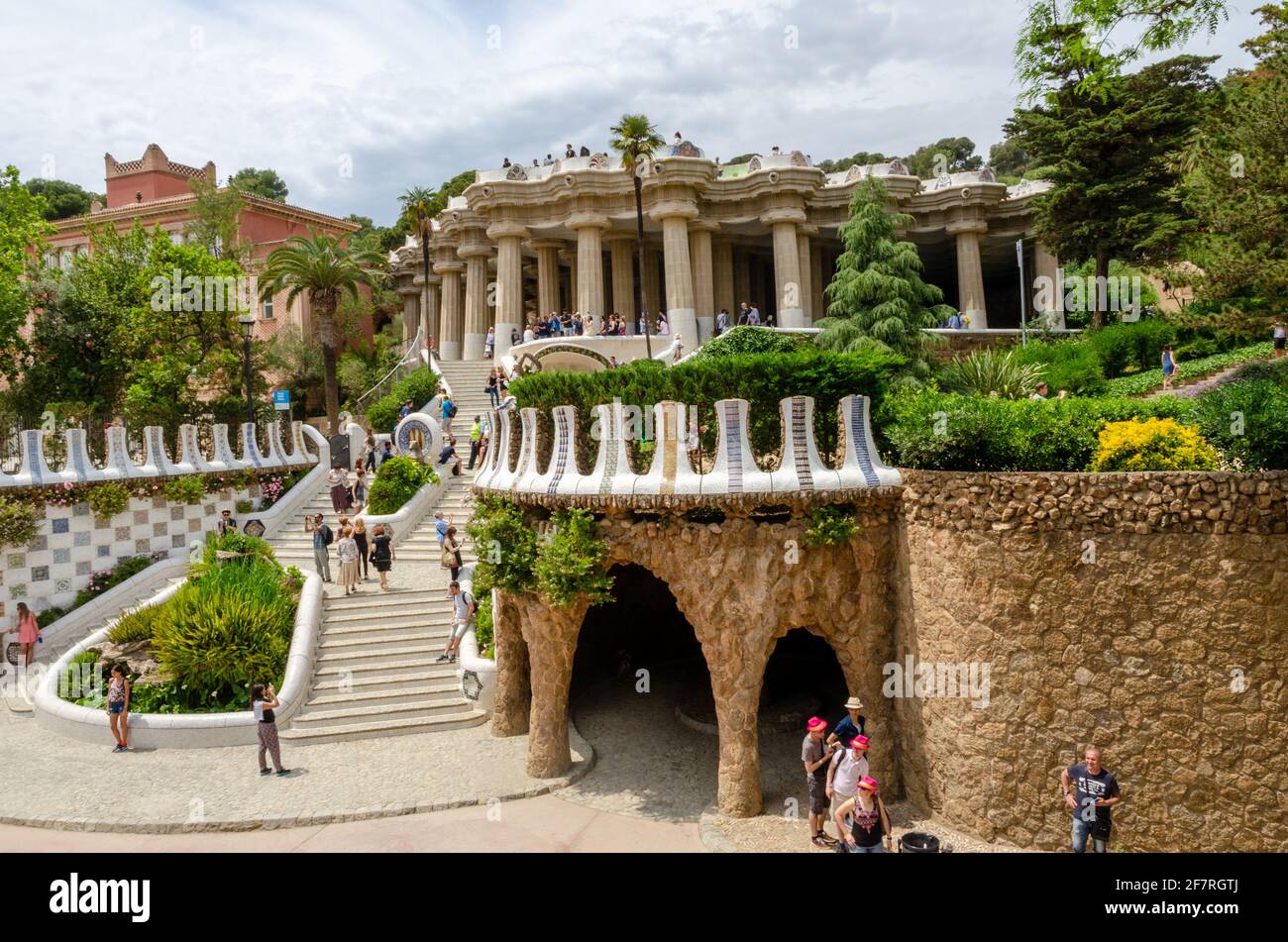 Barcelona Parc Guell Gaudi mosaic dragon terrace pillars and staircase ...