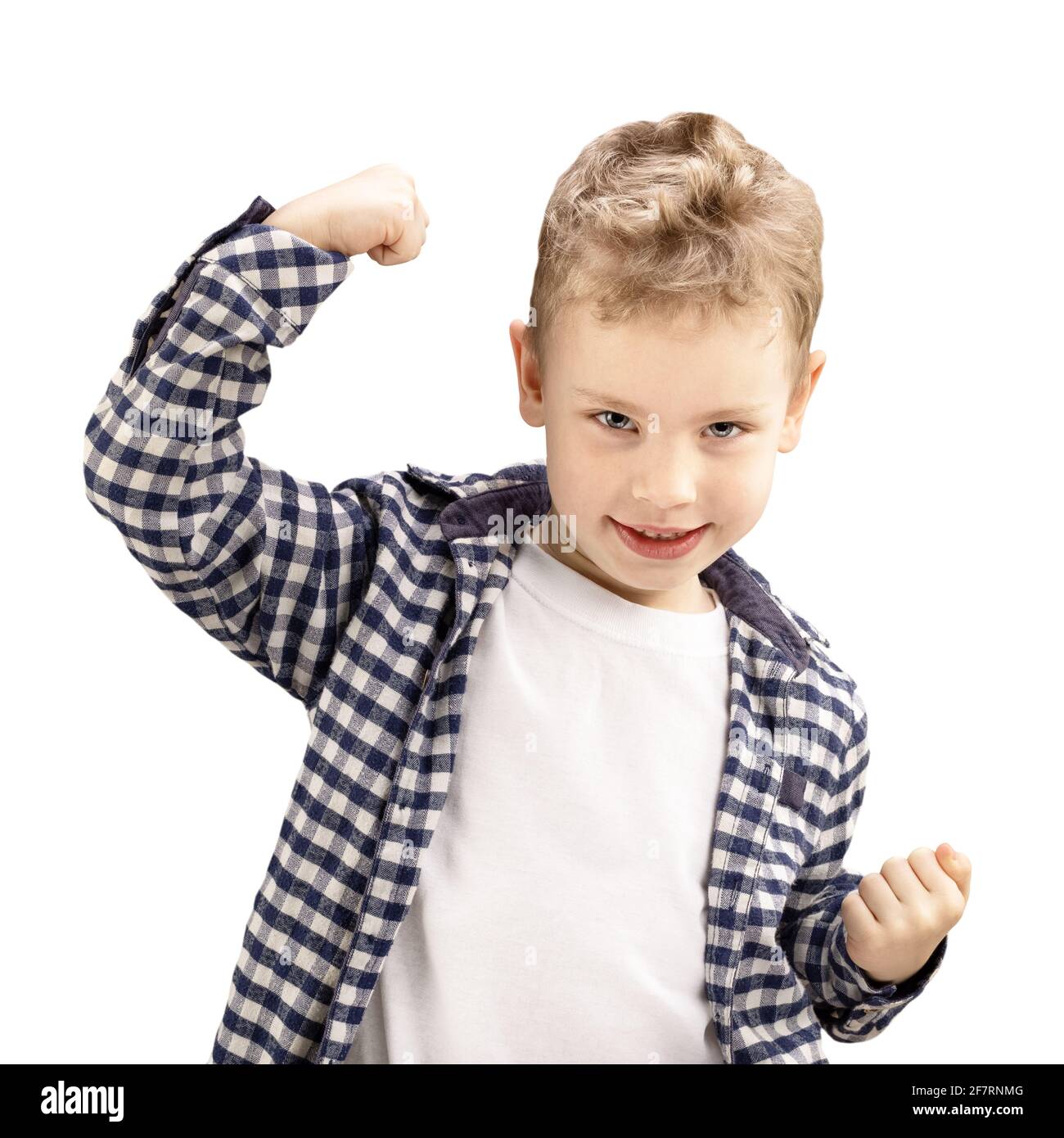 little boy showing his hand biceps muscles strength isolated on white ...