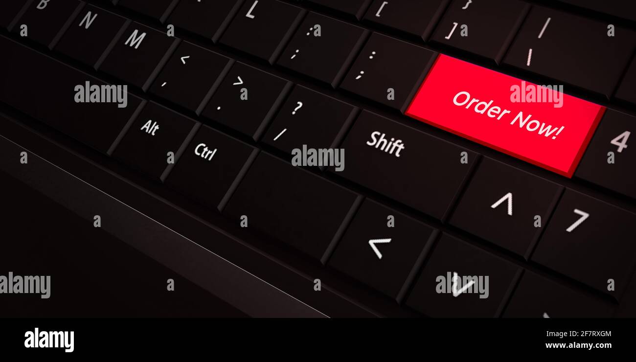 Abstract Order Now Button on a Keyboard with glowing red light. Modern ...