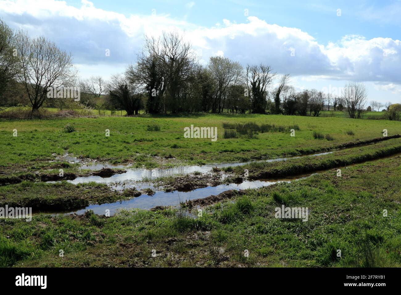 Walterlogged field with water in tractor tracks at Stowting, Kent ...