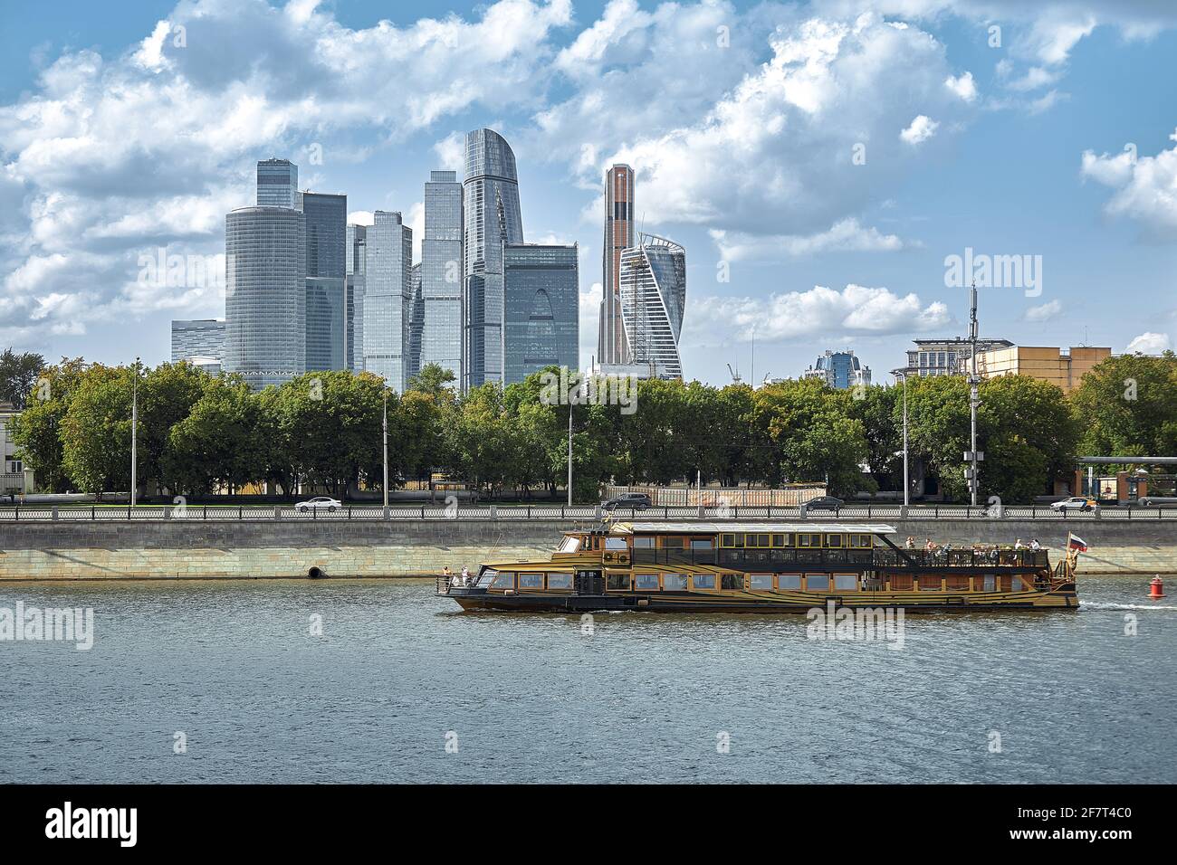Moscow, Russia - 30.07.2020: The ship sails along the Moscow river on a ...