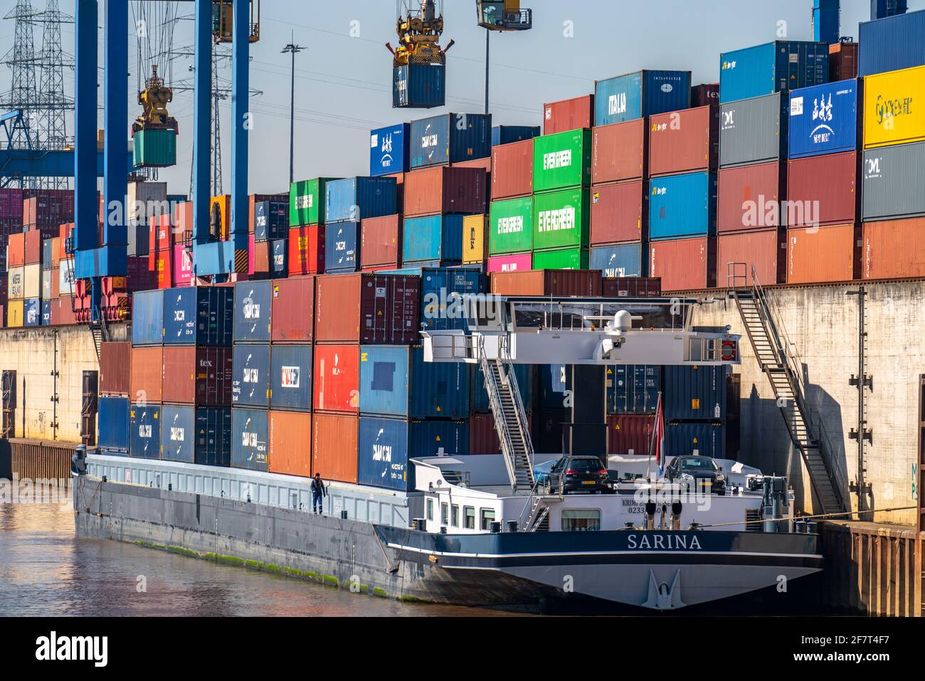 Container cargo ship in the harbour basin of the Logport, gantry cranes ...