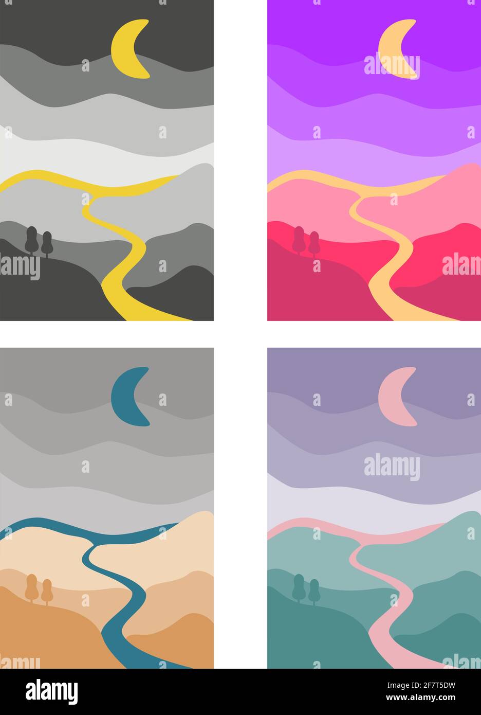 Abstract landscape colorful background. River, hills art poster set of ...