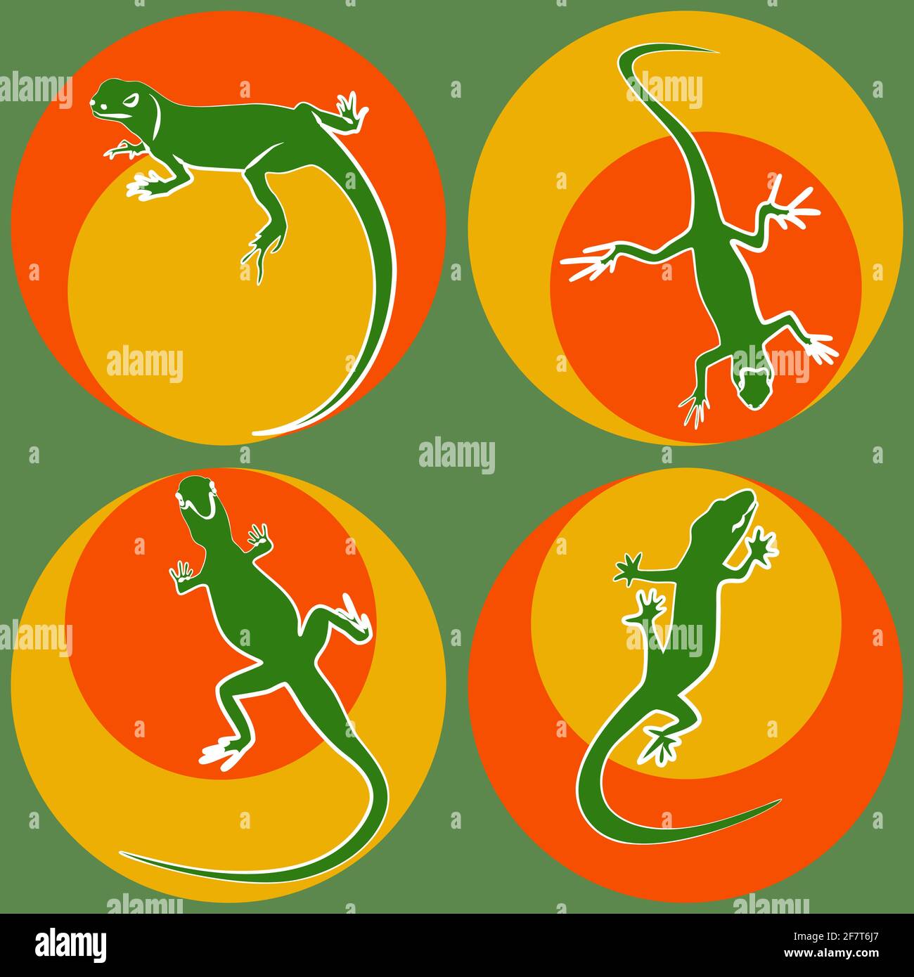 set of silhouette of green lizards with white outline on bright ...