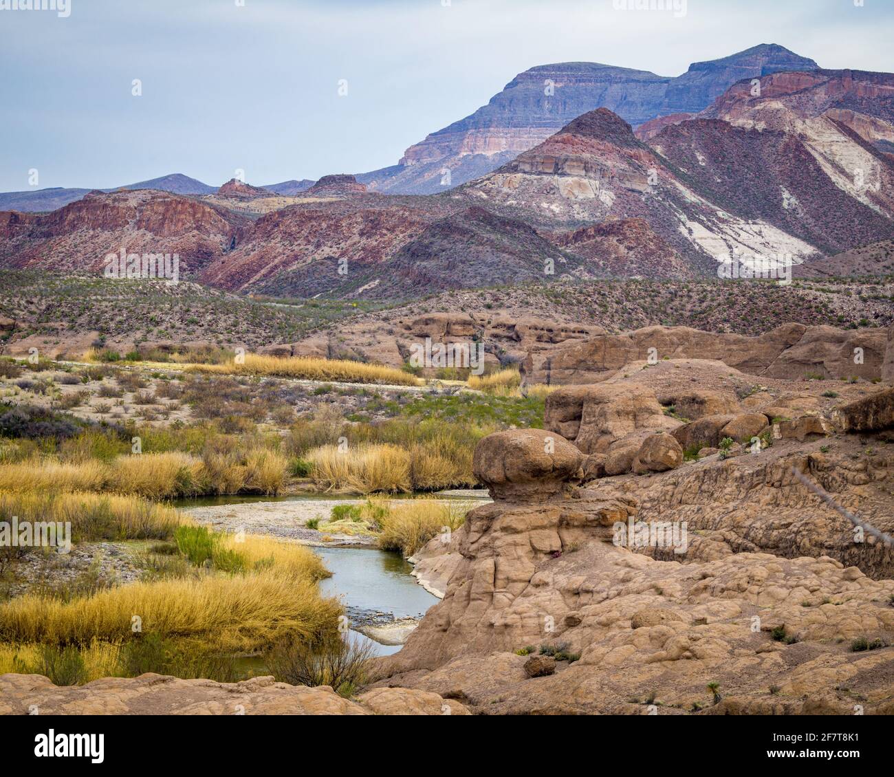 Mountain ranges looming over the Rio Grande in Big Bend National Park ...