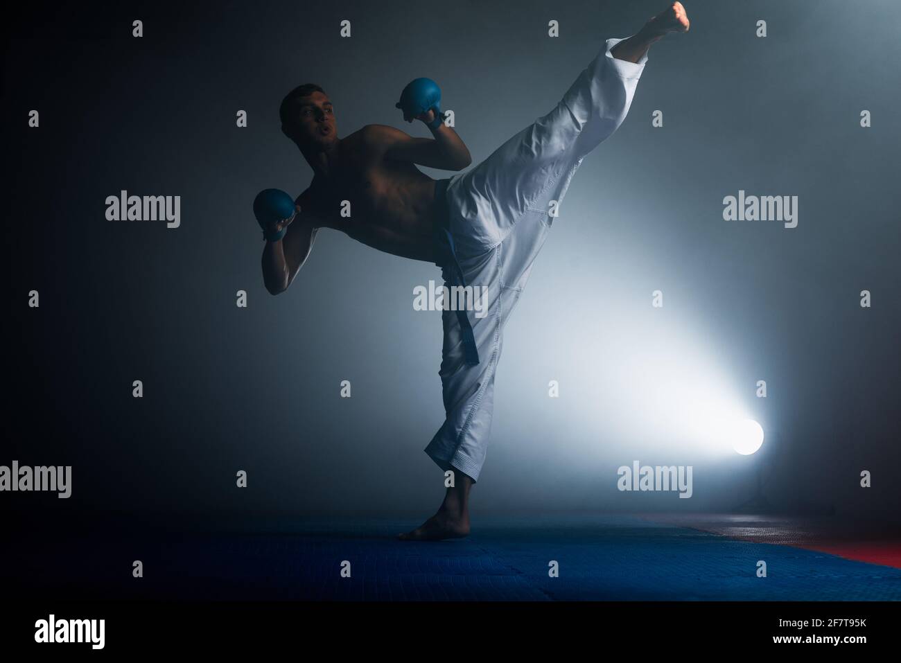 Karate martial arts. Fighter is looking at the camera, isolated on dark ...