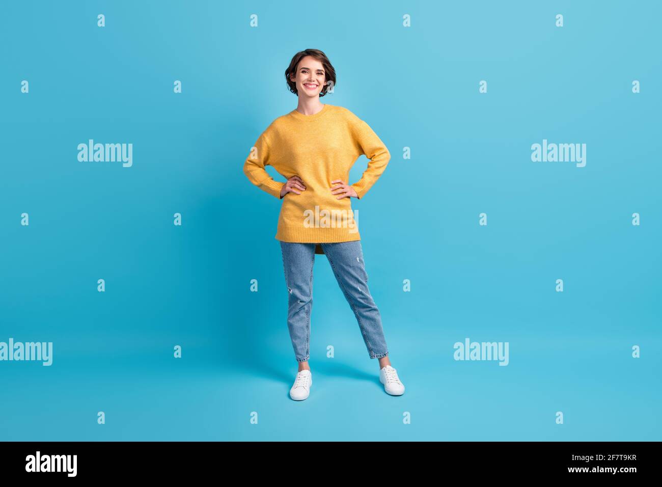 Full length body size photo of girl with bob hairstyle wearing casual ...