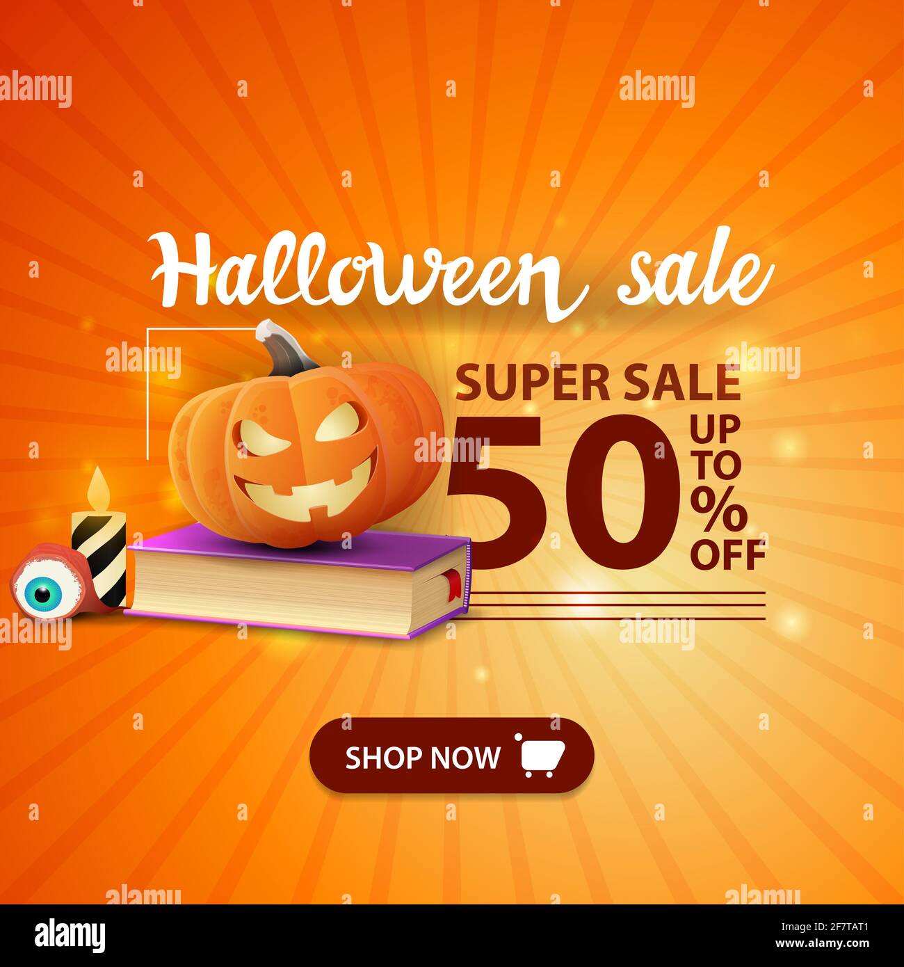 Halloween sale, -50 off, orange modern banner with spell book and ...