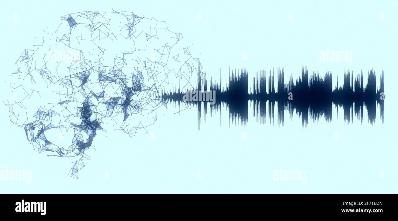 Illustration of a brain and sound waves on a blue background Stock ...