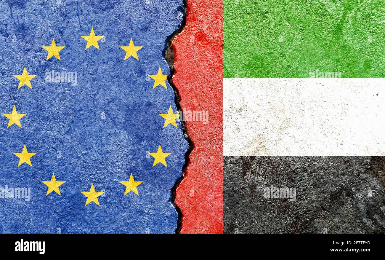 Flags of EU and UAE isolated on cracked wall background Stock Photo - Alamy