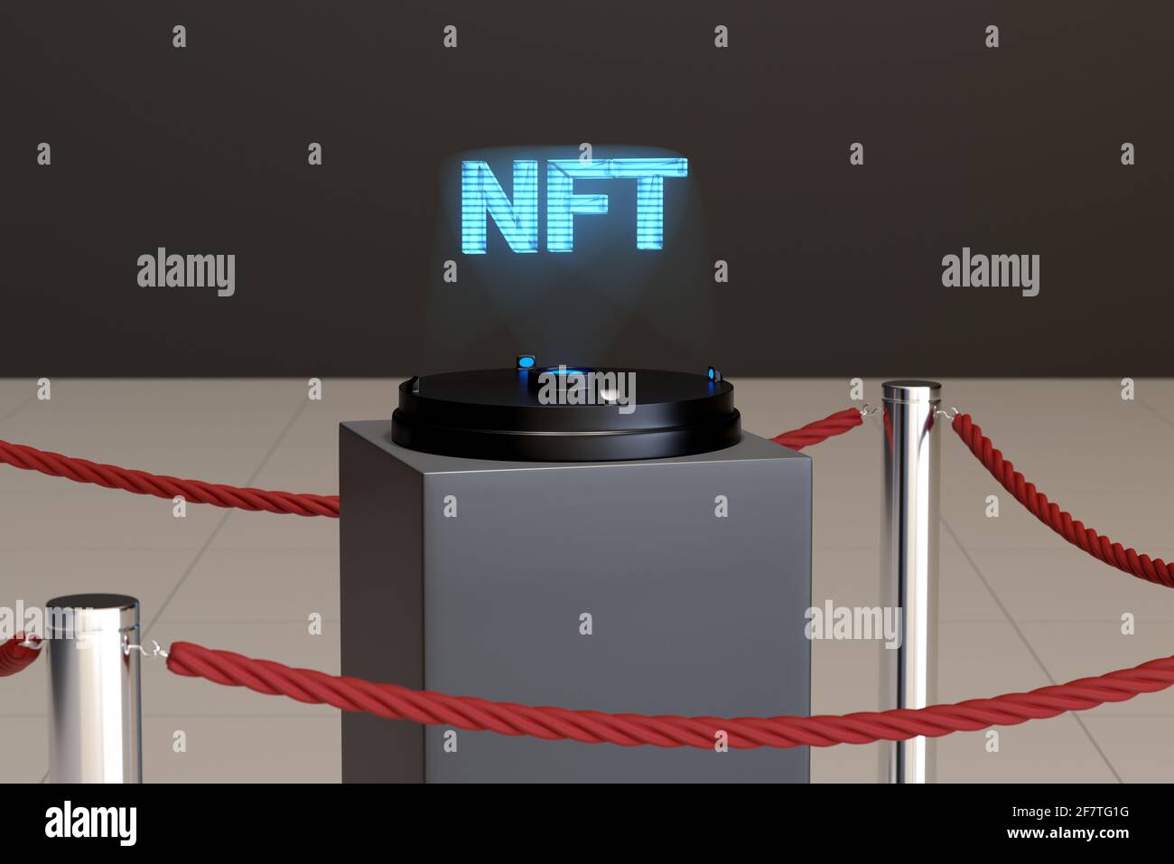 Hologram of the NFT text in a museum room. 3d illustration Stock Photo ...