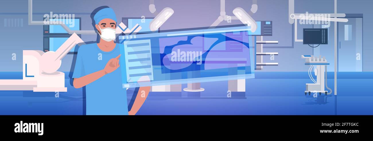 male doctor surgeon in uniform using virtual reality screen modern ...