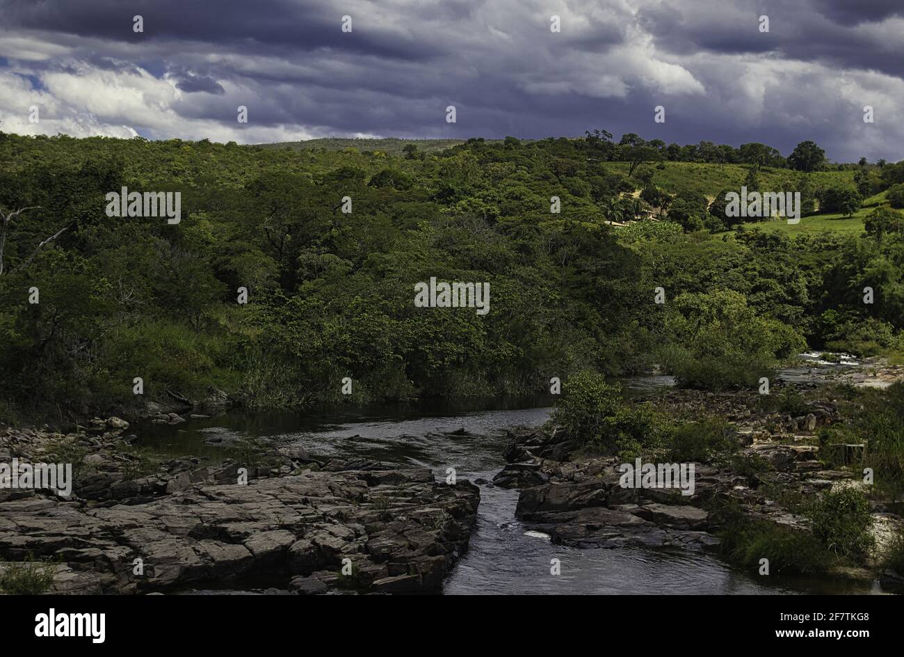 Beautiful view of a river flows over rocks through the woods Stock ...