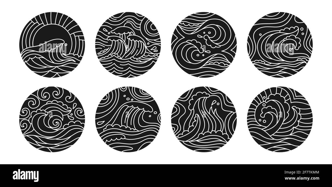 Sea waves doodle round pattern black glyph set. Ocean ornament water ...