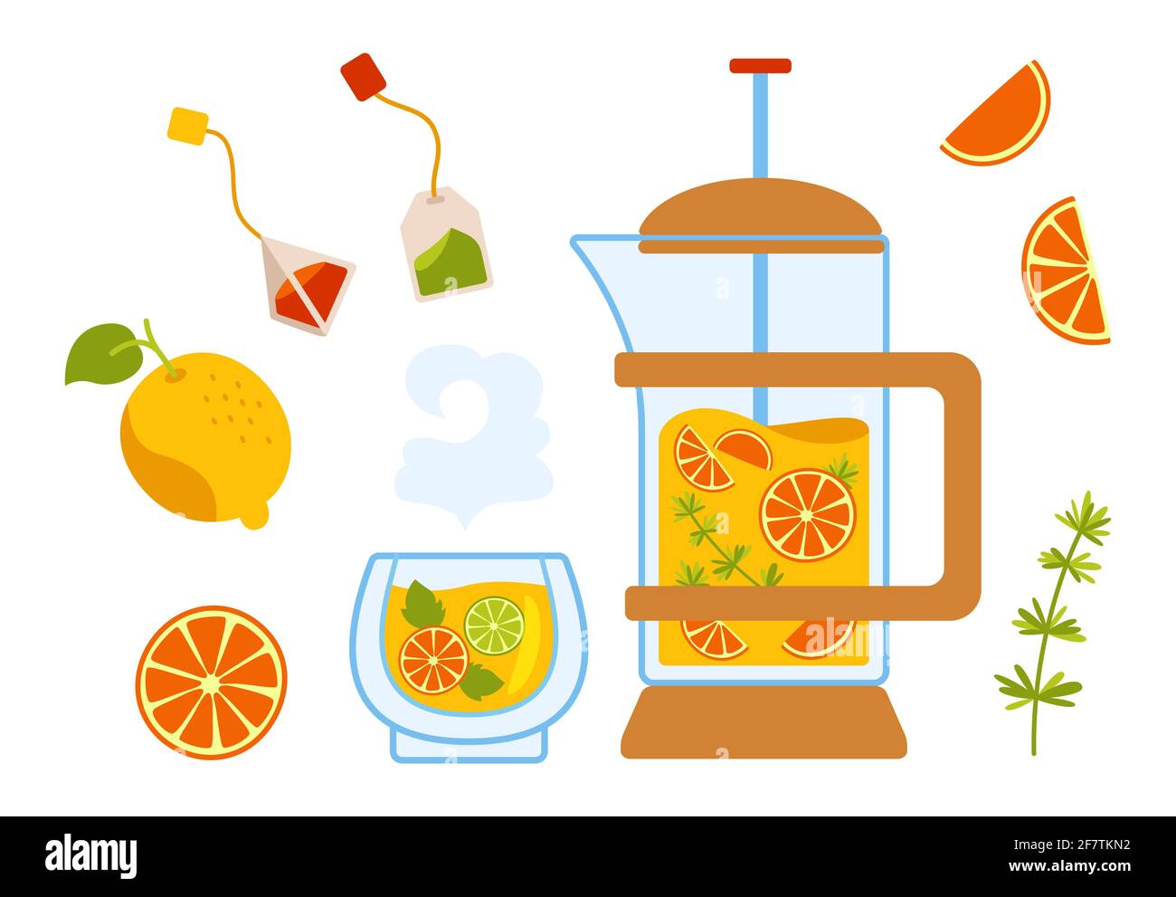 Tea cartoon cozy set, lemon, teapot bag and cup. Kettle citrus tea in ...