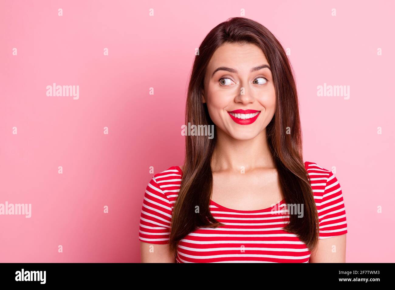 Photo of charming dreamy pretty girl look empty space wonder imagine ...