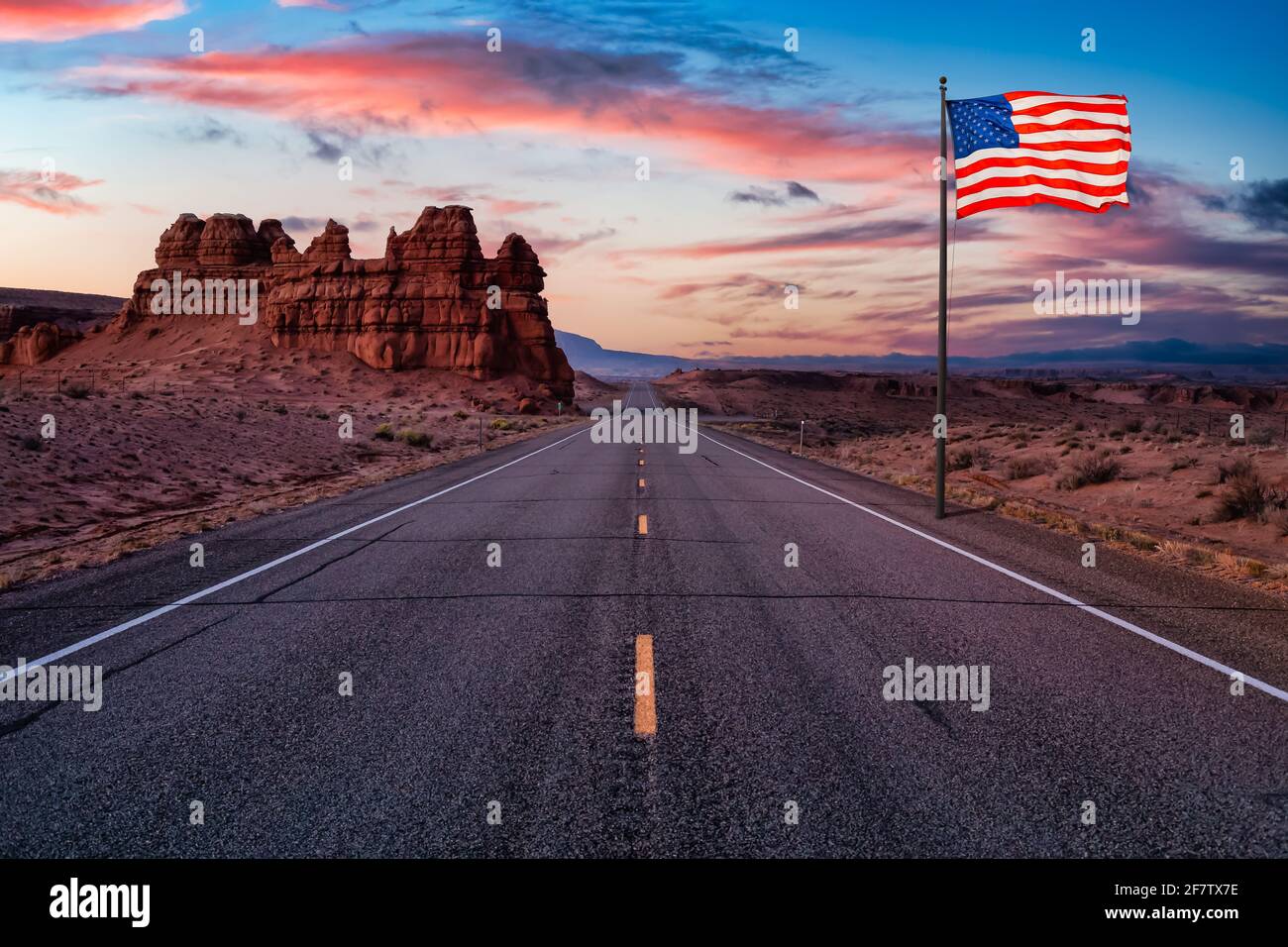 National American Flag Overlay. Middle of the Road View of a Scenic ...