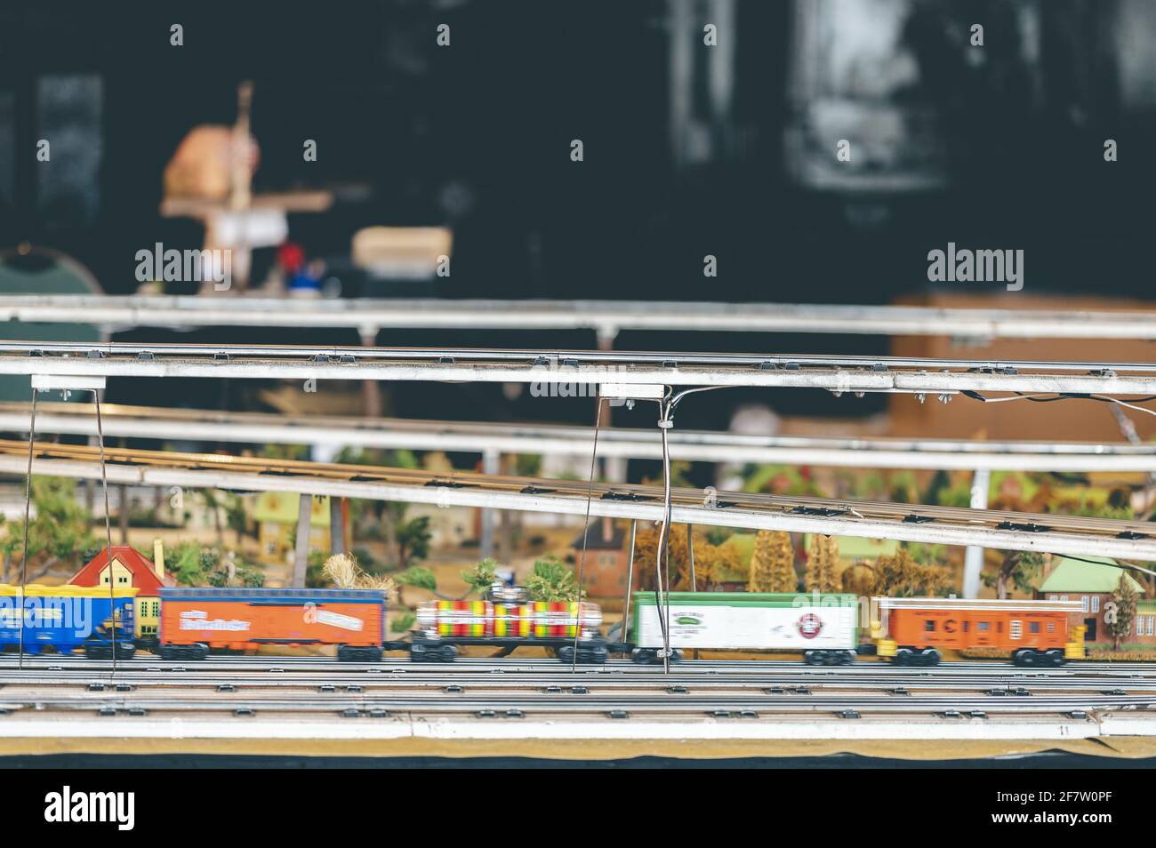 Closeup shot of a small city model with trains and bridges Stock Photo ...