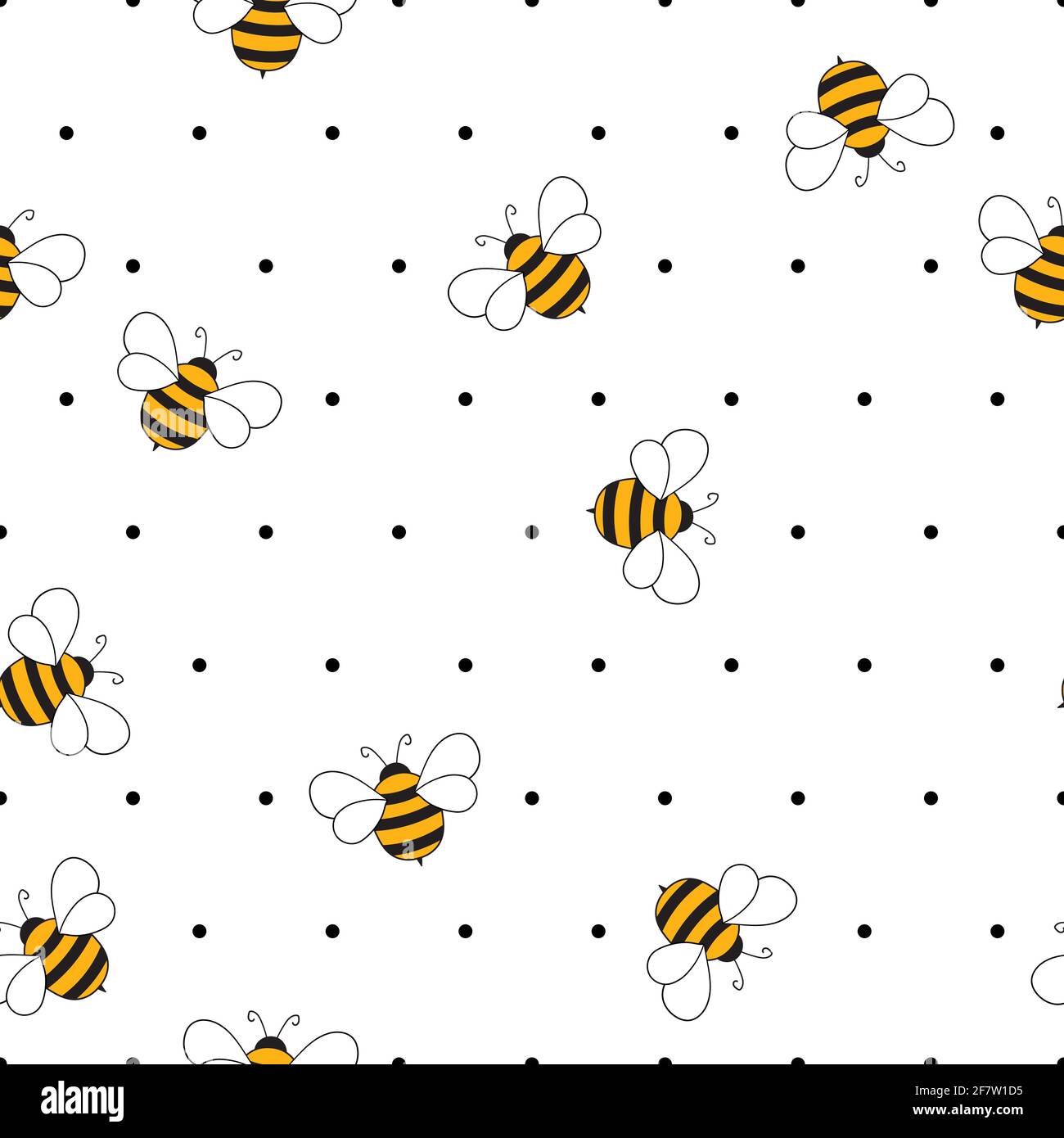 Seamless pattern with bees on white polka dots background. Small wasp ...
