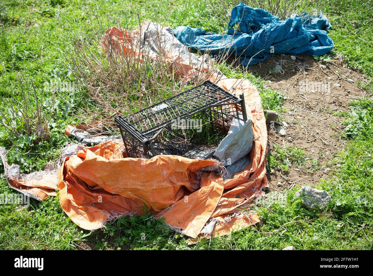 Garbage in a polluted area. Green grass with lot of trash Stock Photo ...
