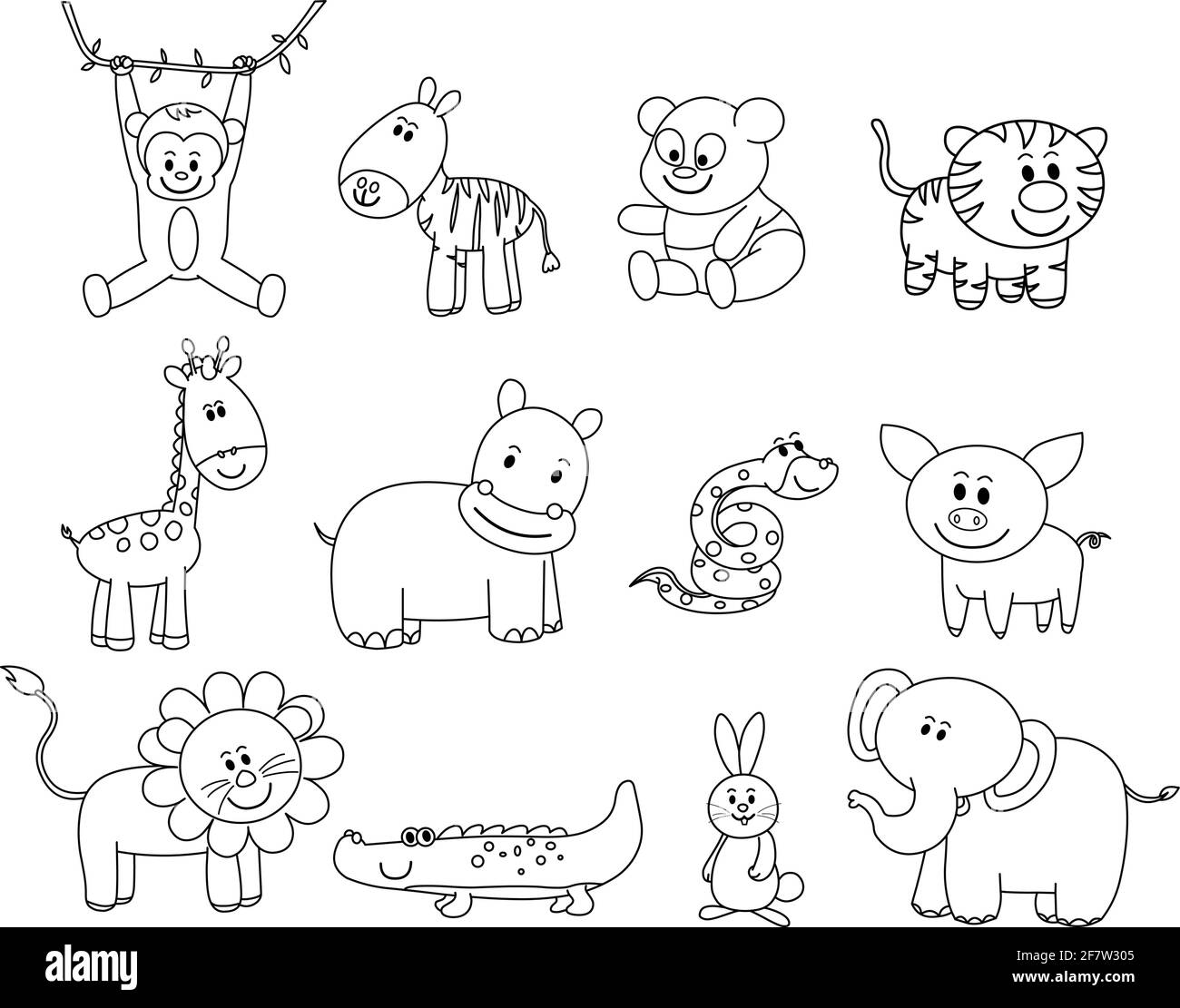 Cartoon animals set black line drawing vector illustration Stock Vector ...