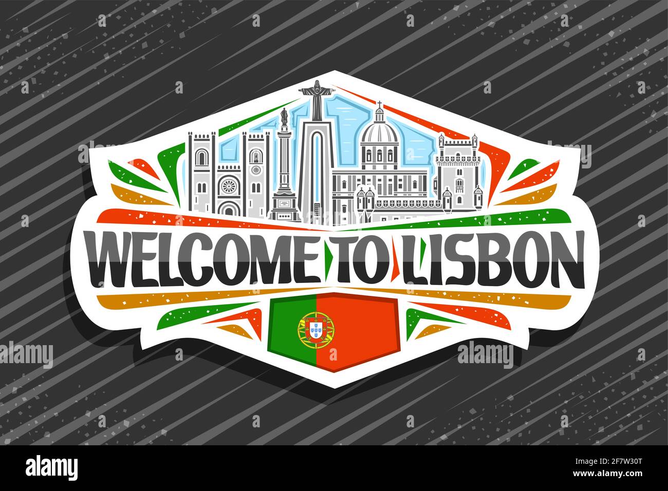 Vector logo for Lisbon, white decorative sticker with illustration of ...