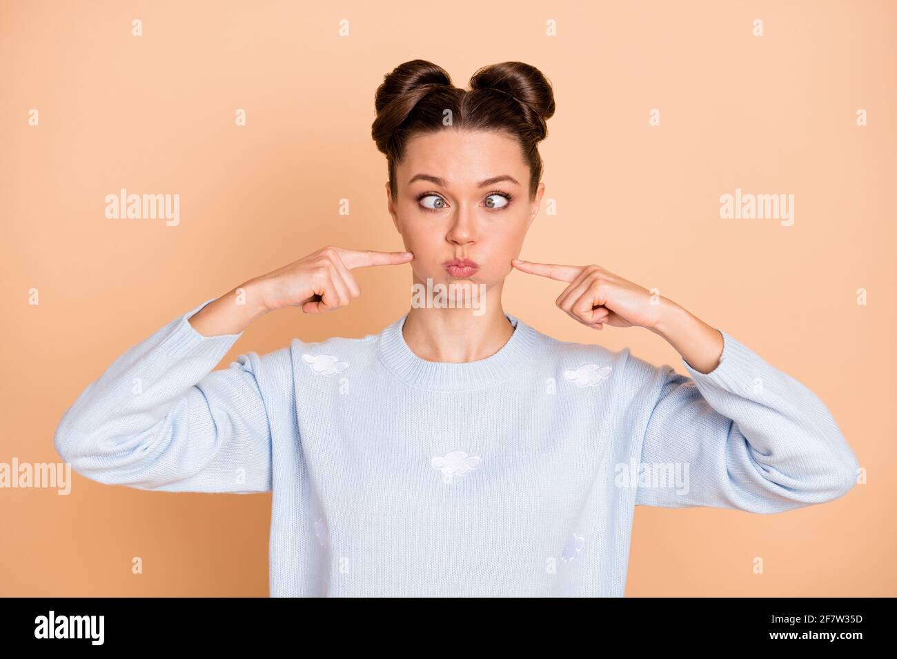Photo of optimistic nice brunette lady point cheeks look crazy wear ...