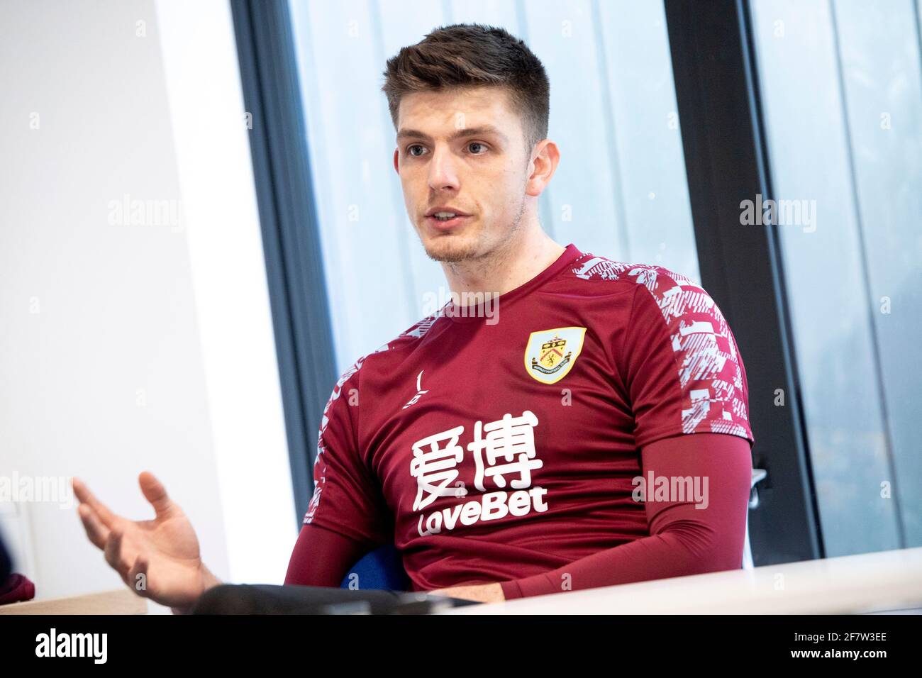 Burnley goalkeeper Nick Pope gives an interview at the Burnley FC ...