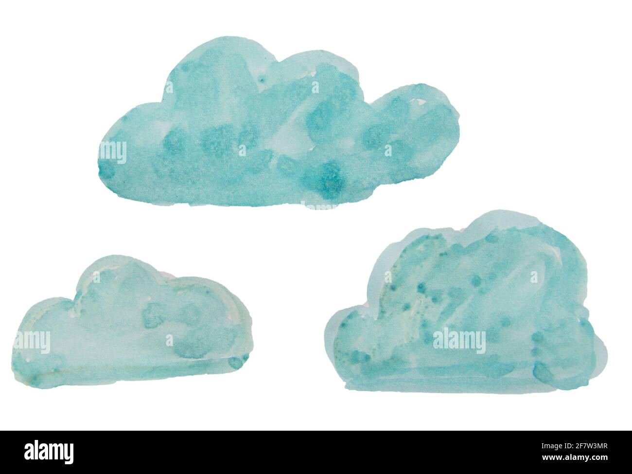 Cute children's drawing of three clouds, blue watercolor clouds on a ...