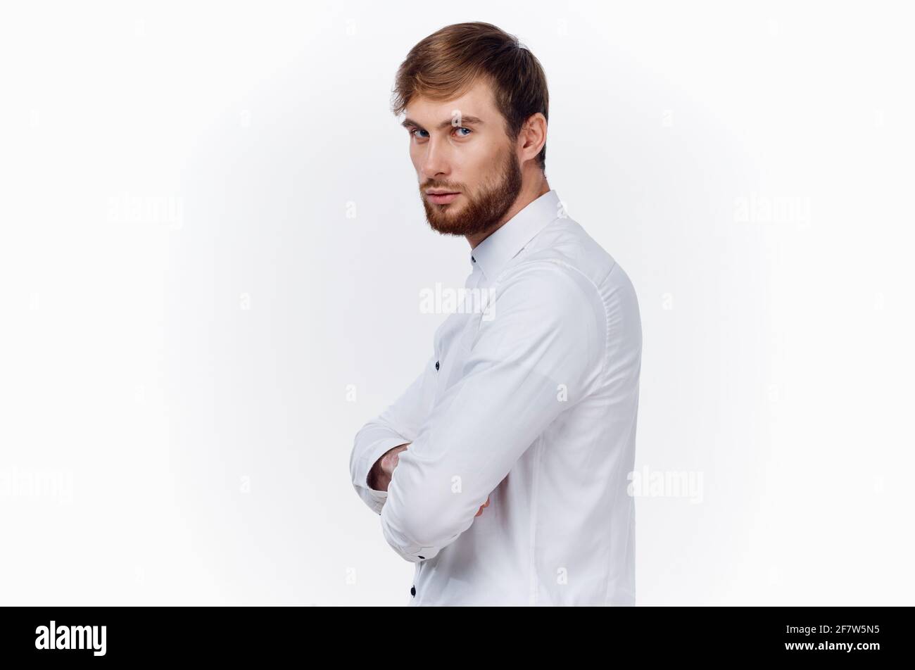 business man in white shirt confident look crossed arms on chest side ...