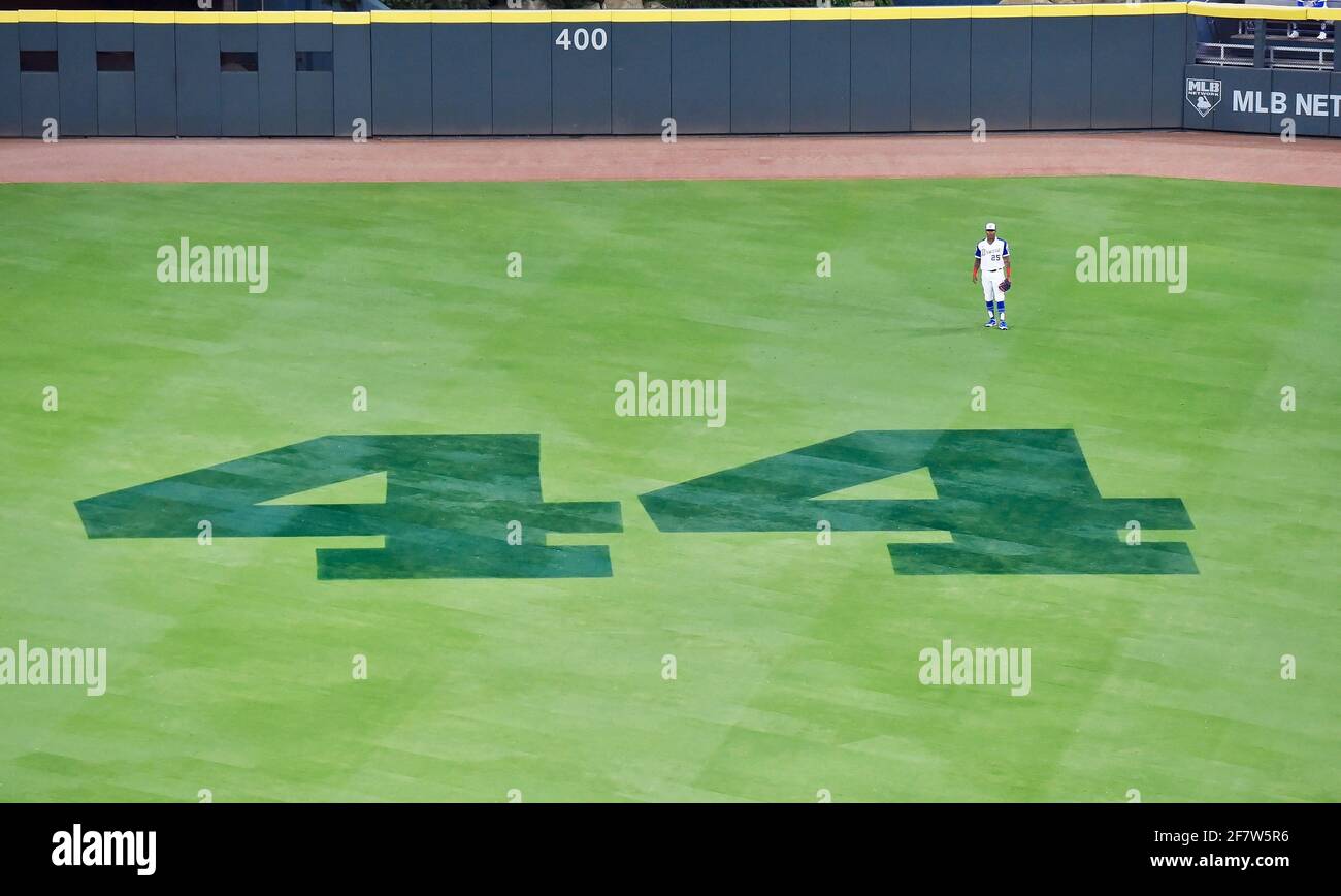 April 09, 2021: A number 44 is painted in the outfield in honor of ...