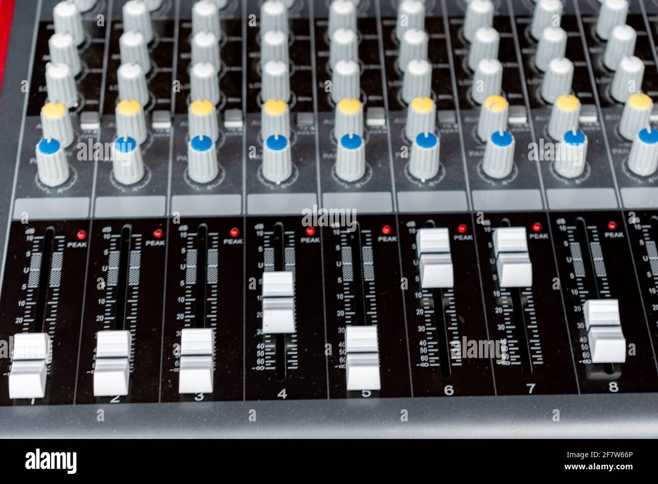 Closeup top view of a sound mixer showing a bunch of knobs Stock Photo ...