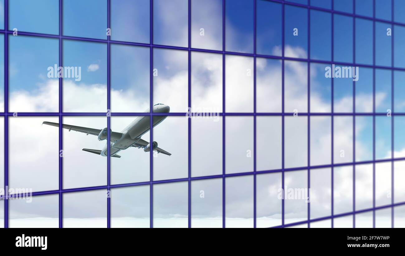 Reflection of airplane flying over clouds on skyscraper windows Stock ...