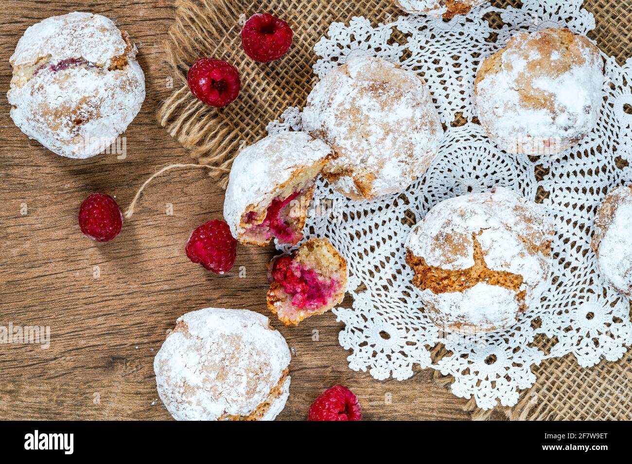 Raspberry amaretti biscuits - traditional Italian dessert. Overhead ...
