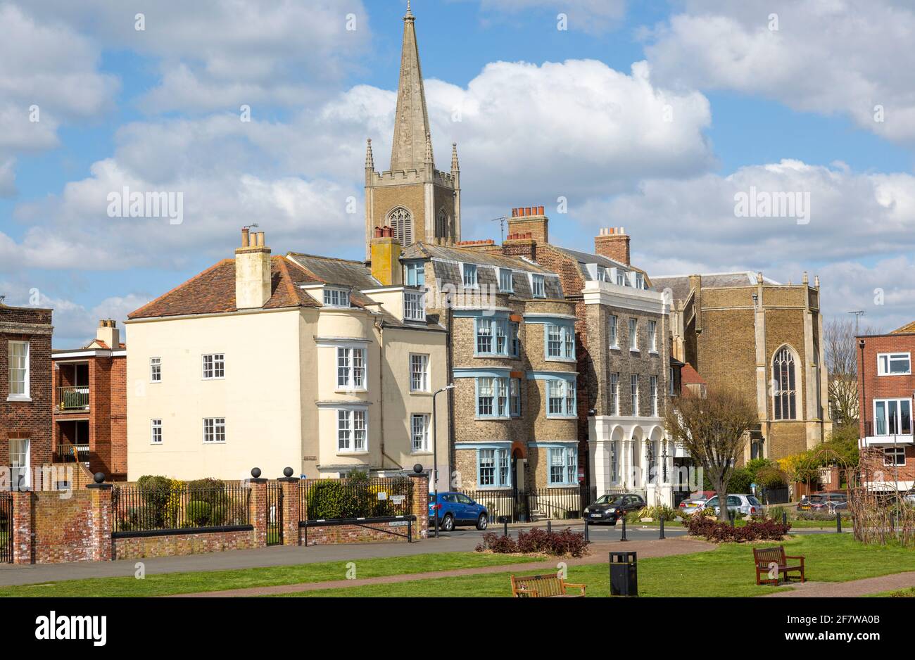 Historic buildings church spire from the Green, Harwich, Essex, England ...