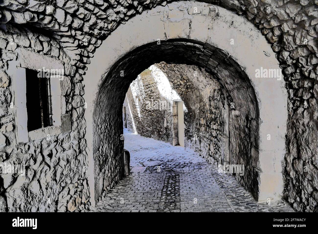 Vaulted passage, medieval district, digitally filtered view, Viviers ...