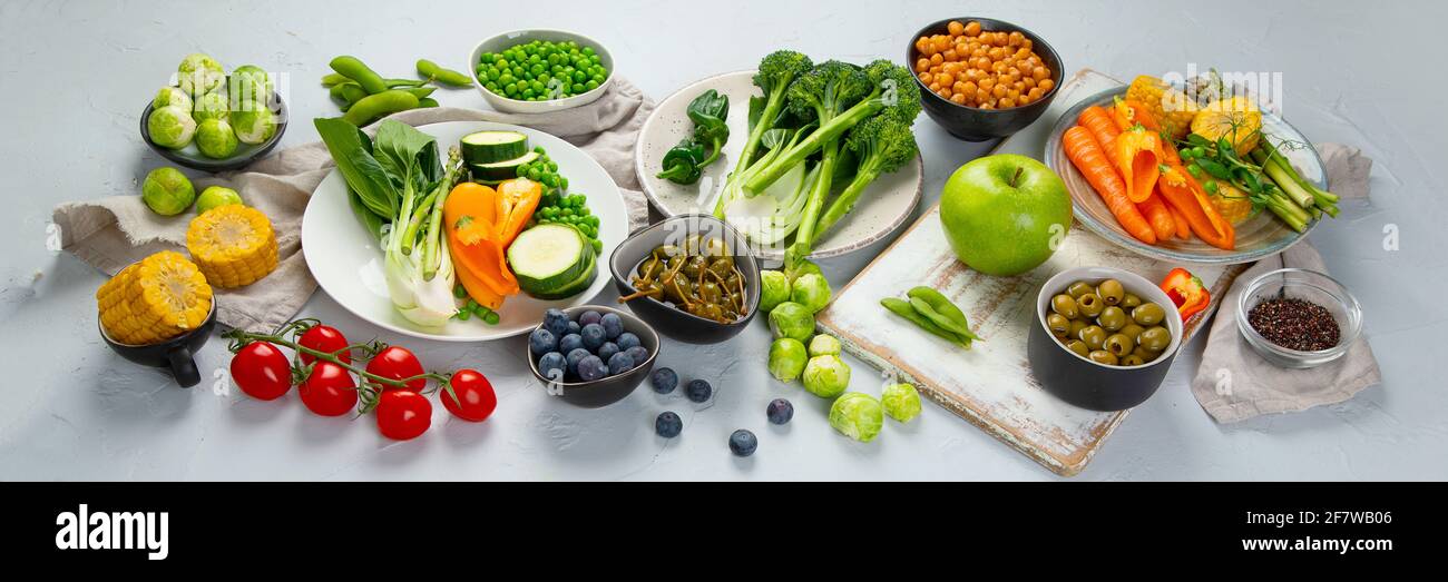 Healthy plant based food, best protein source on light grey background ...