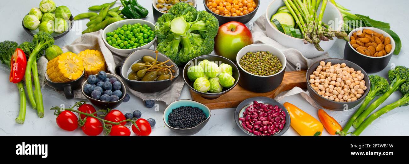 Healthy plant based food, best protein source on light grey background ...