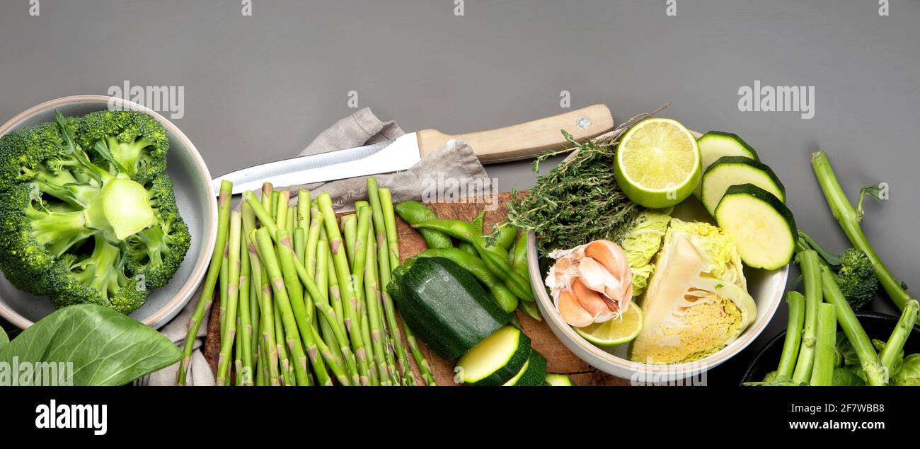 Set of various green vegetables and fruits like cabbage, broccoli ...
