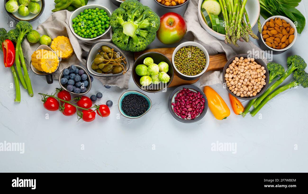Healthy plant based food, best protein source on light grey background ...